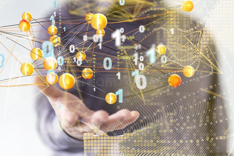 Businessman Holding a Render of a Connected Network of Binary Code ...