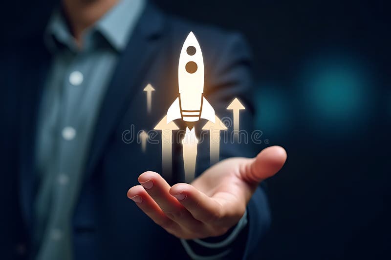 Businessman Holding a Rocket Launch Symbol, Representing Success and ...