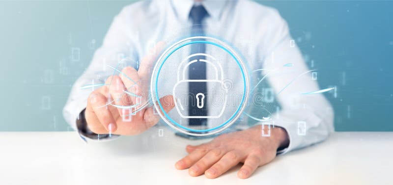 Businessman Holding Security Padlock Wheel Icon with Stats and B Stock ...