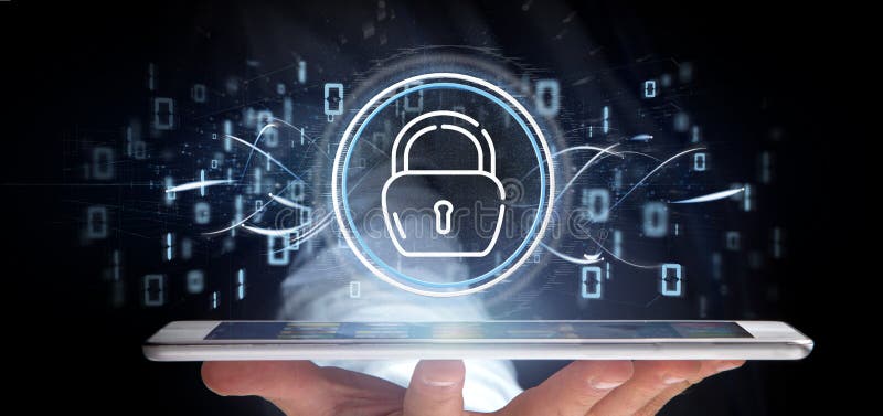 Businessman Holding Security Padlock Wheel Icon with Stats and Binary ...