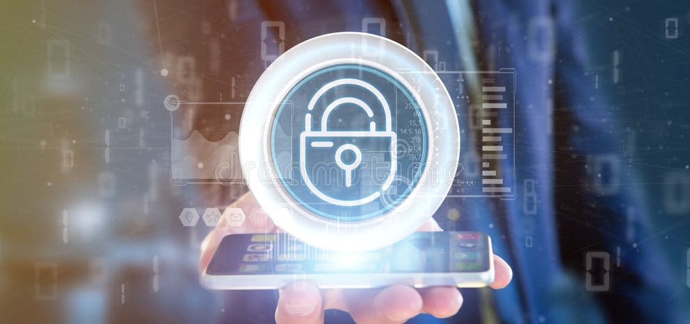 Businessman Holding Security Padlock Wheel Icon with Stats and Binary ...