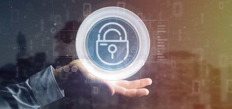 Businessman Holding Security Padlock Wheel Icon with Stats and Binary ...