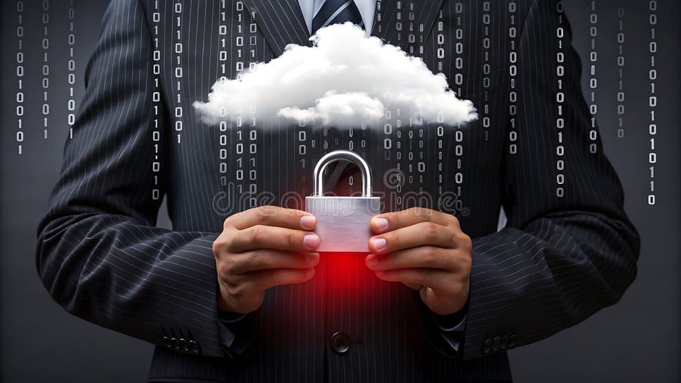 Businessman Holding a Silver Padlock with a Cloud and Binary Code ...