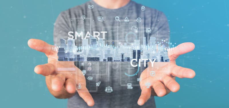 Businessman Holding Smart City User Interface with Icon, Stats and Data ...
