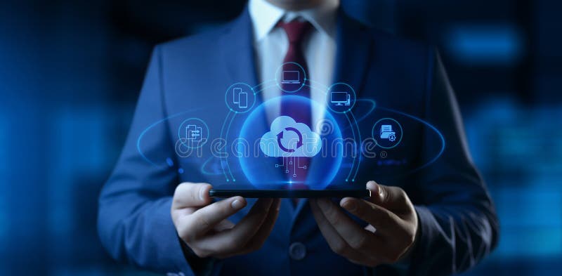 Businessman Holding Smartphone with Cloud Computing Icons on Screen. Data Transfer and Cloud ...