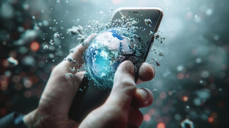 Businessman Holding Smartphone with Planet Earth Exploding Inside Stock ...