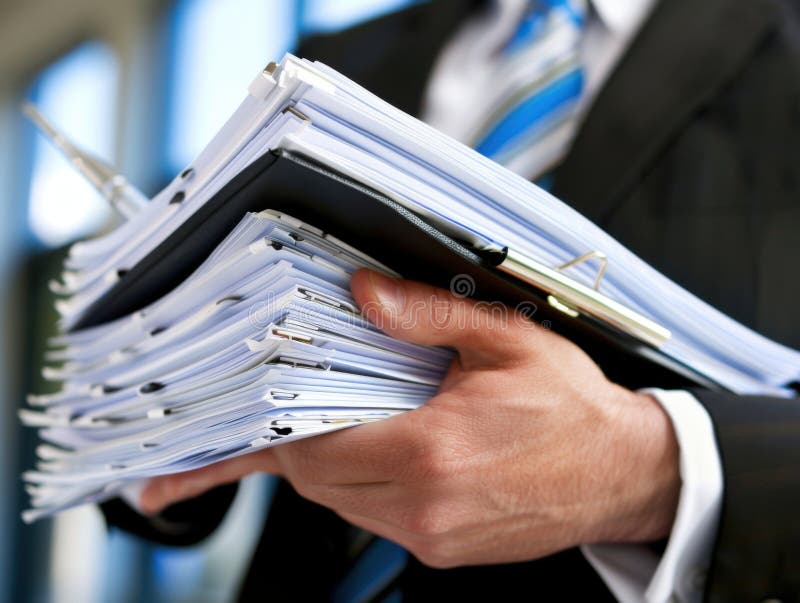 Businessman Holding a Stack of Documents in Office Setting Stock ...