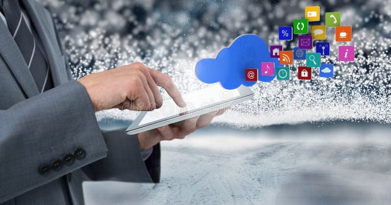 Businessman Holding Tablet with Apps Icons in Office Stock Photo ...