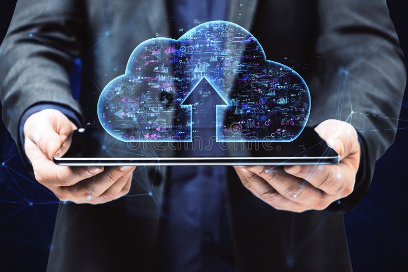 Businessman Holding Tablet with Cloud Computing Graphic on Dark Background Stock Illustration ...