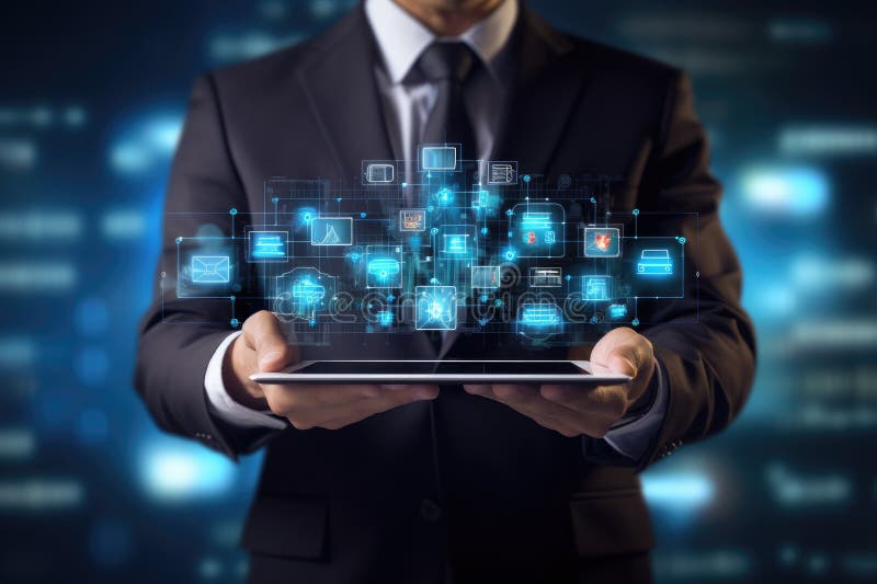 Businessman Holding Tablet with Cloud Computing Technology Concept on the Screen. Businessman ...