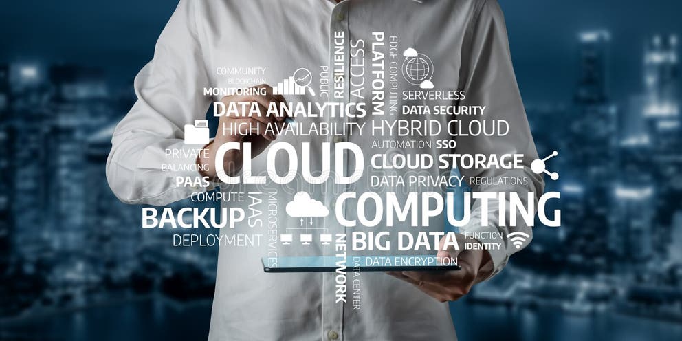 Businessman Holding Tablet with Cloud Computing Terms and Concepts in Modern City at Night ...