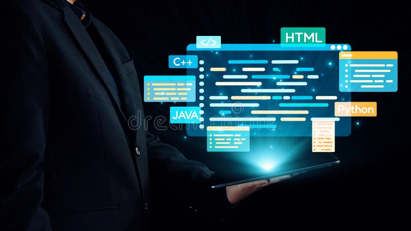 Businessman Holding Tablet with Digital Coding Interface Displaying Programming Languages and ...