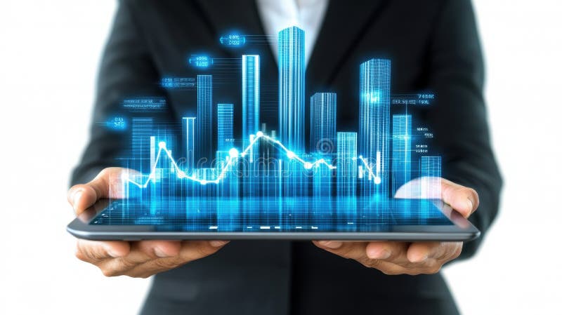 Businessman Holding Tablet Displaying Financial Data and City Skyline ...