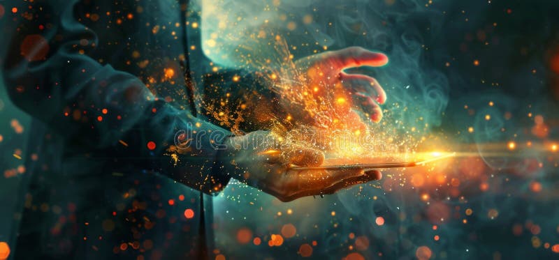 Businessman Holding Tablet Generating Burning Magic Effect with Sparks ...