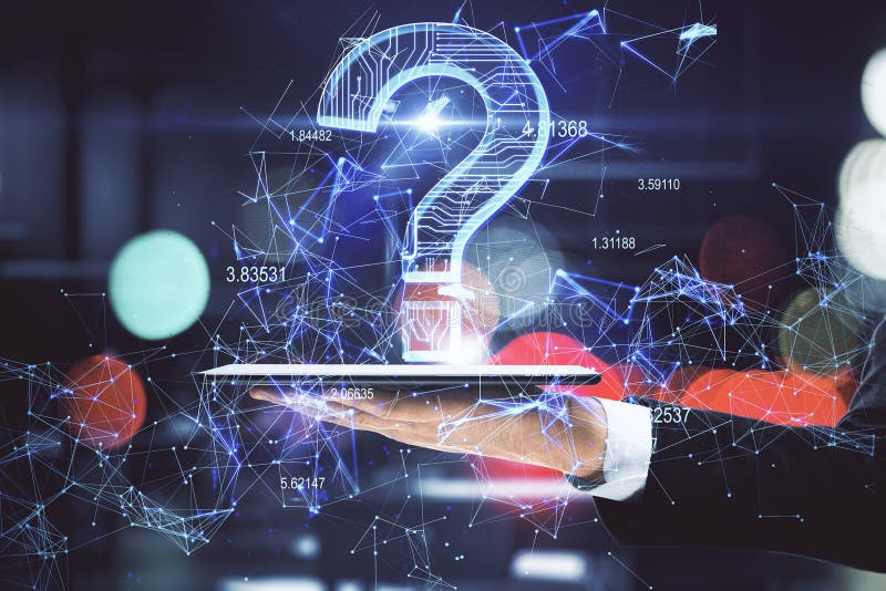 Businessman Holding Tablet with Glowing Polygonal Question Mark Stock ...