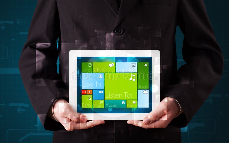 Businessman Holding a Tablet with Modern Software Operational System ...