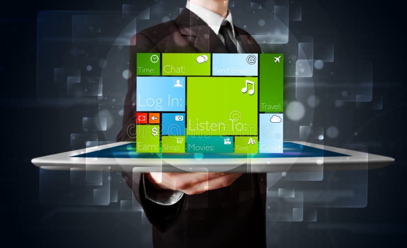 Businessman Holding a Tablet with Modern Software Operational Stock ...