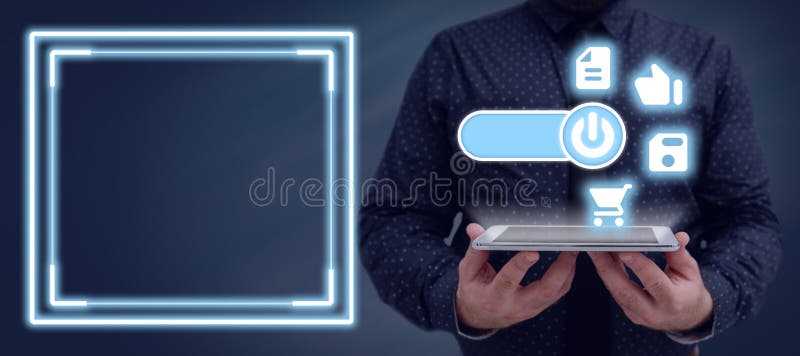 Businessman Holding Tablet Presenting Digitally Generated Power Button ...