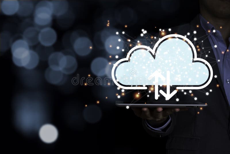 Businessman Holding Tablet for Upload and Download Information from ...