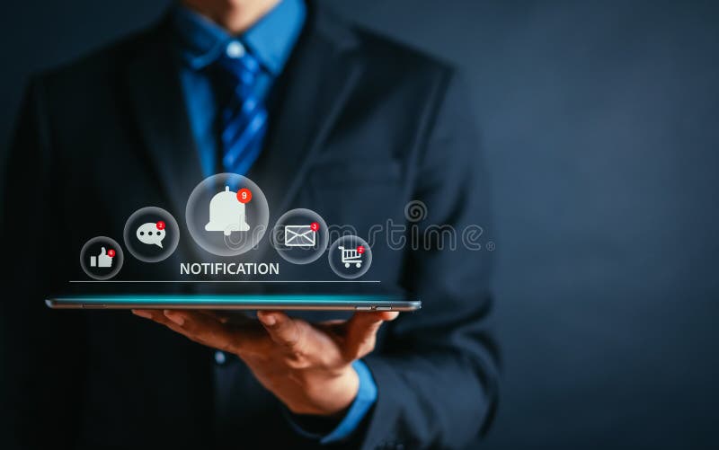 Businessman Holding Tablet with Virtual Bell Ringing for Application ...
