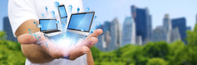 Businessman Holding Tech Device in His Hand Stock Illustration ...