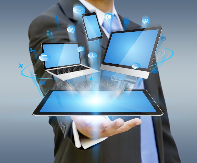 Businessman Holding Tech Device in His Hand Stock Illustration ...