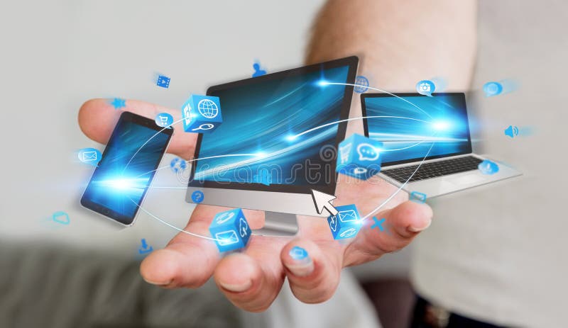 Businessman Holding Tech Devices in His Hand Stock Illustration ...