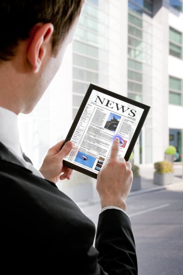 Businessman Holding Touchpad Pc, Reading Newspaper Stock Photo - Image ...