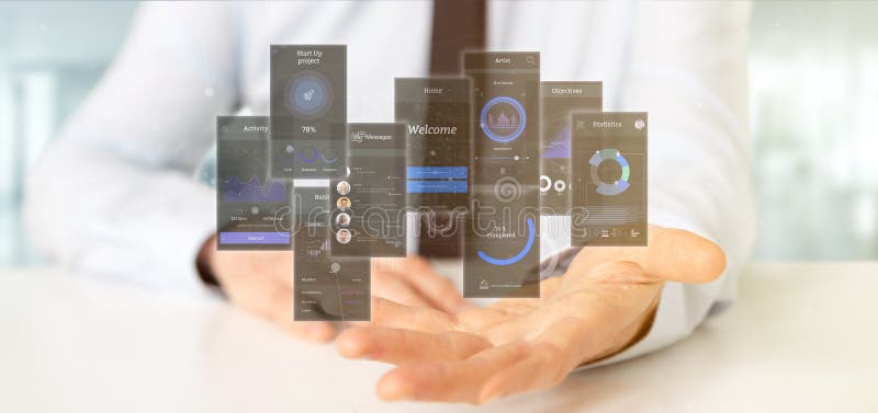 Businessman Holding User Interface Screens with Icon, Stats and Data 3d ...