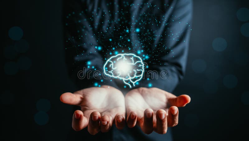 Businessman Holding Virtual Brain Icon Stock Image - Image of human ...