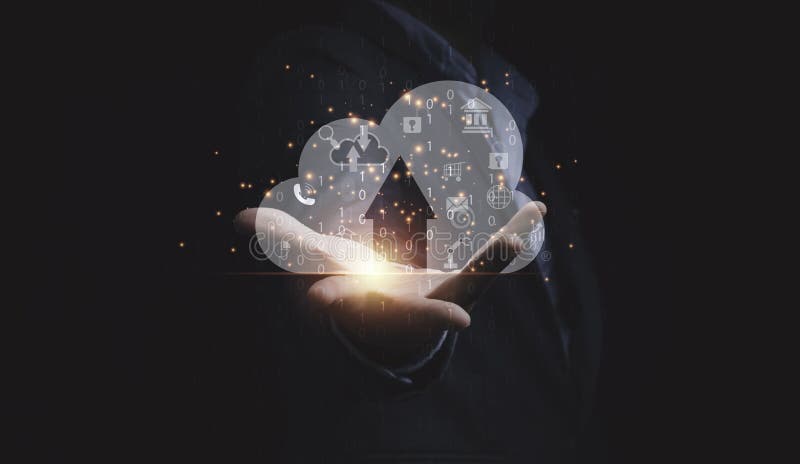 Businessman Holding Virtual Cloud Computer with Icons for Download and ...