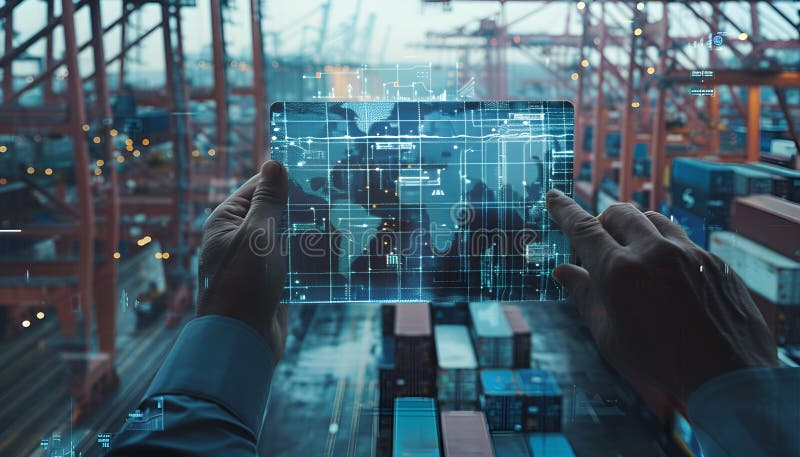 Businessman Holding Virtual Interface Panel of Global Logistics Network ...