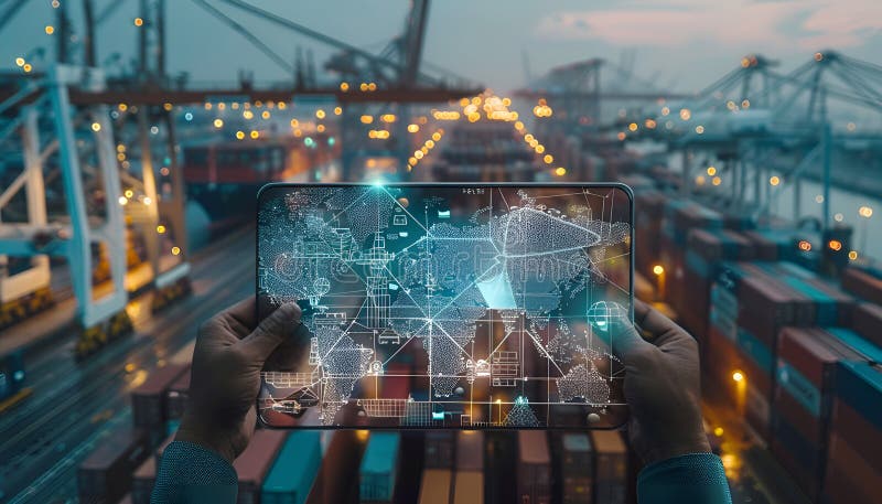 Businessman Holding Virtual Interface Panel of Global Logistics Network ...