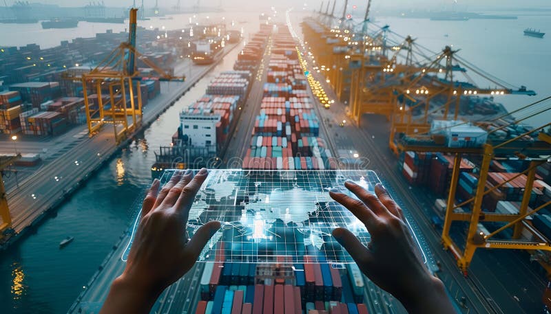 Businessman Holding Virtual Interface Panel of Global Logistics Network Distribution and ...