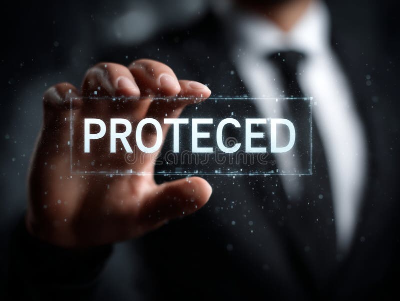 Businessman Holding Virtual Screen Displaying Word PROTECTED ...