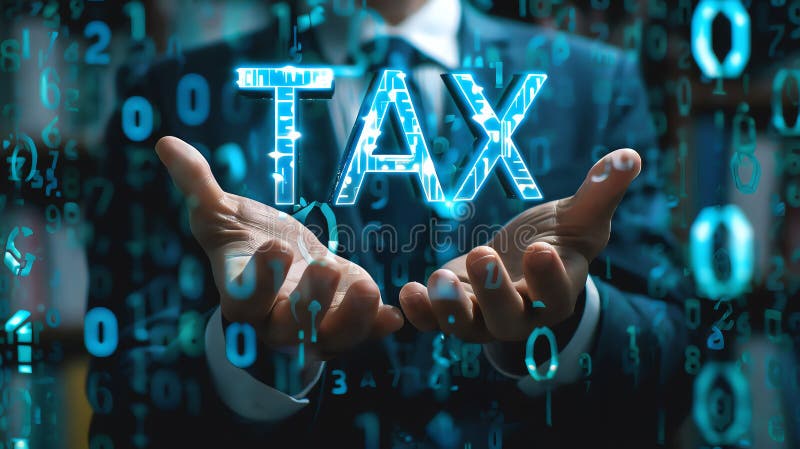 Businessman Holding Virtual Tax Text in Hands, Surrounded by Digital ...