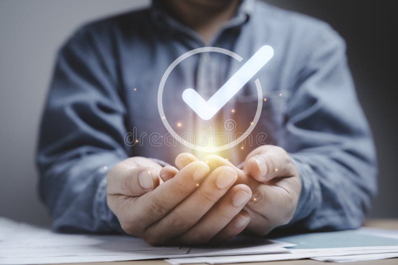 Businessman Holding Virtual Tick Correct Sign Mark in Checkbox for ...