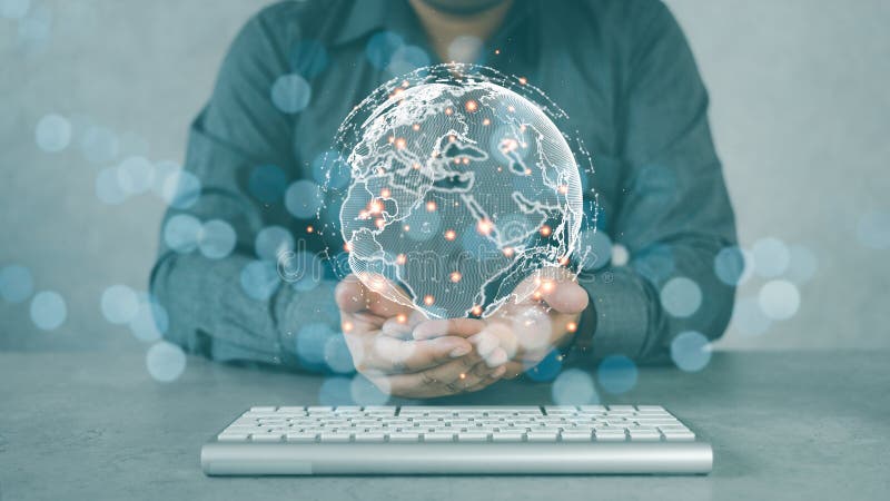 Businessman Holding the Virtual World with Connection for Global ...