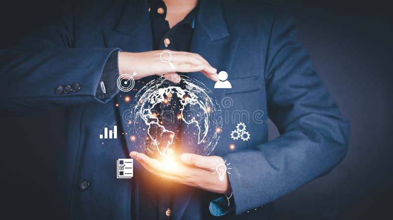 Businessman Holding Virtual World with Icons and Connection Line for ...