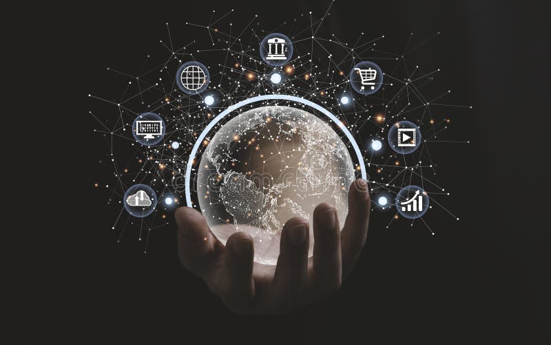 Businessman Holding Virtual World with Icons and Connection Line for ...