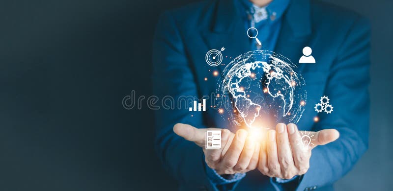 Businessman Holding Virtual World with Icons and Connection Line for ...