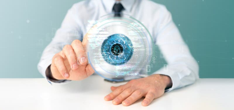 Businessman Holding a Visual Recognition Eye Concept with Data - 3d ...
