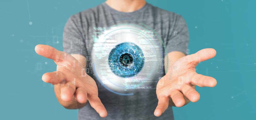 Businessman Holding a Visual Recognition Eye Concept with Data - 3d ...