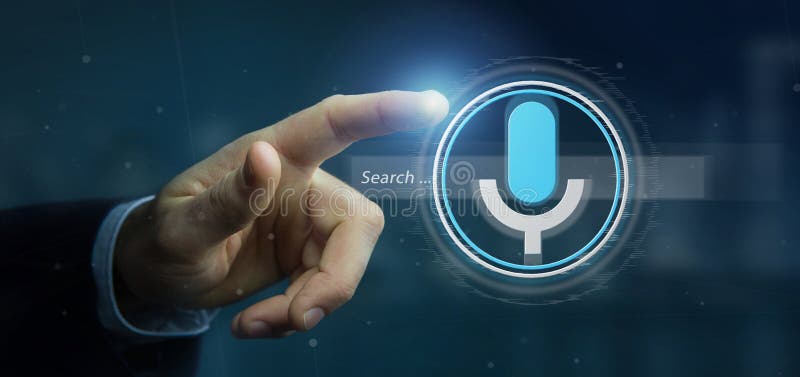 Businessman Holding a Vocal Search System with Button and Icon3d ...