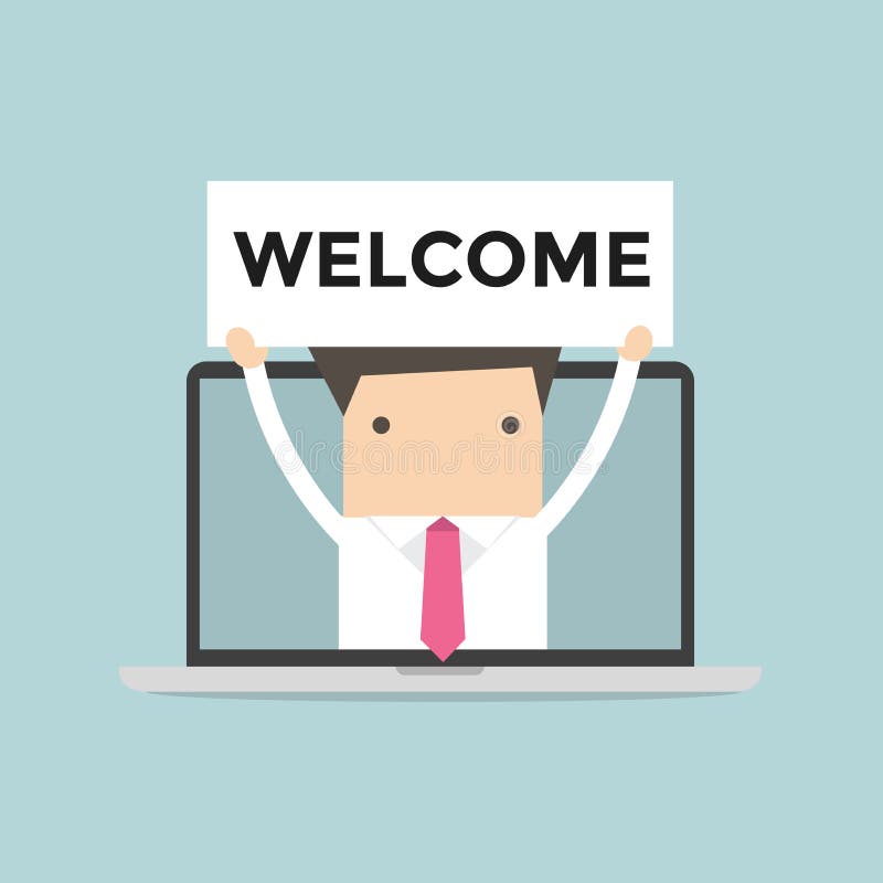 Businessman Holding Welcome Sign in Computer Notebook Stock Vector ...