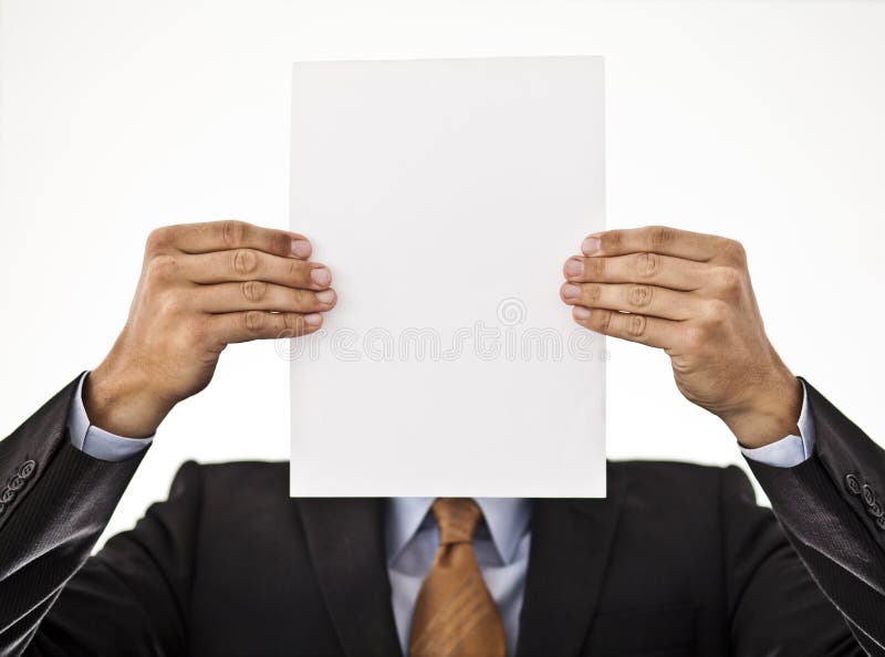 Businessman Holding White Paper in Front of His Fa Stock Photo - Image ...