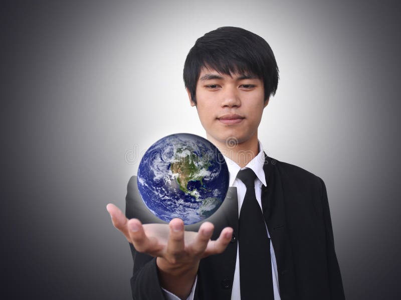Businessman Holding World (Earth View Image from H Stock Photo - Image ...