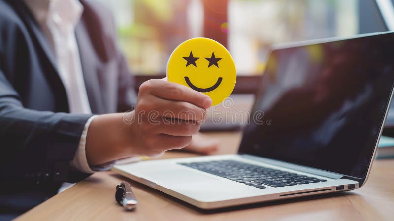 Businessman Holding Yellow Smiley Face Emoticon and Using Laptop ...
