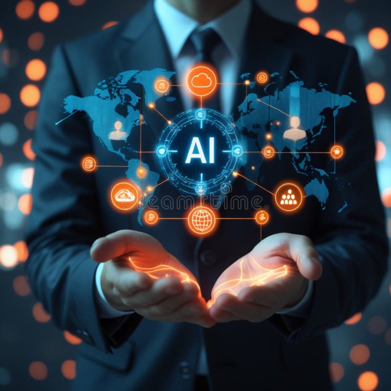 A Businessman Holds an AI Network Interface Glowing with Global ...