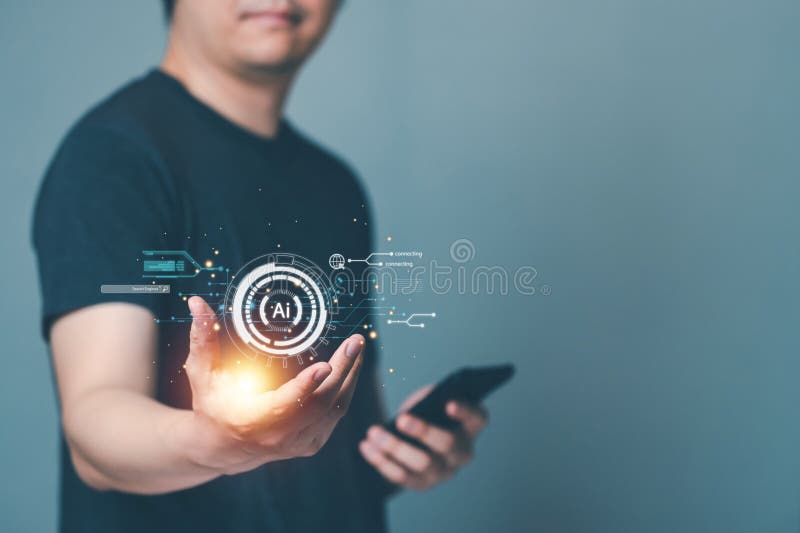 Businessman Holds AI Technology in Hand, Uses Smart Phone Computer To ...